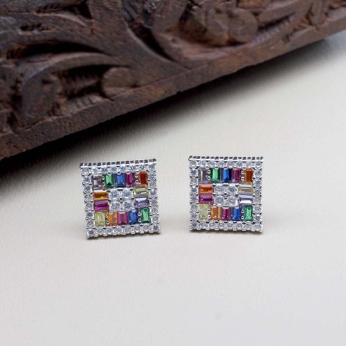 Real Silver Rainbow Color CZ silver Stud Earring Set In Platinum Finish ...
