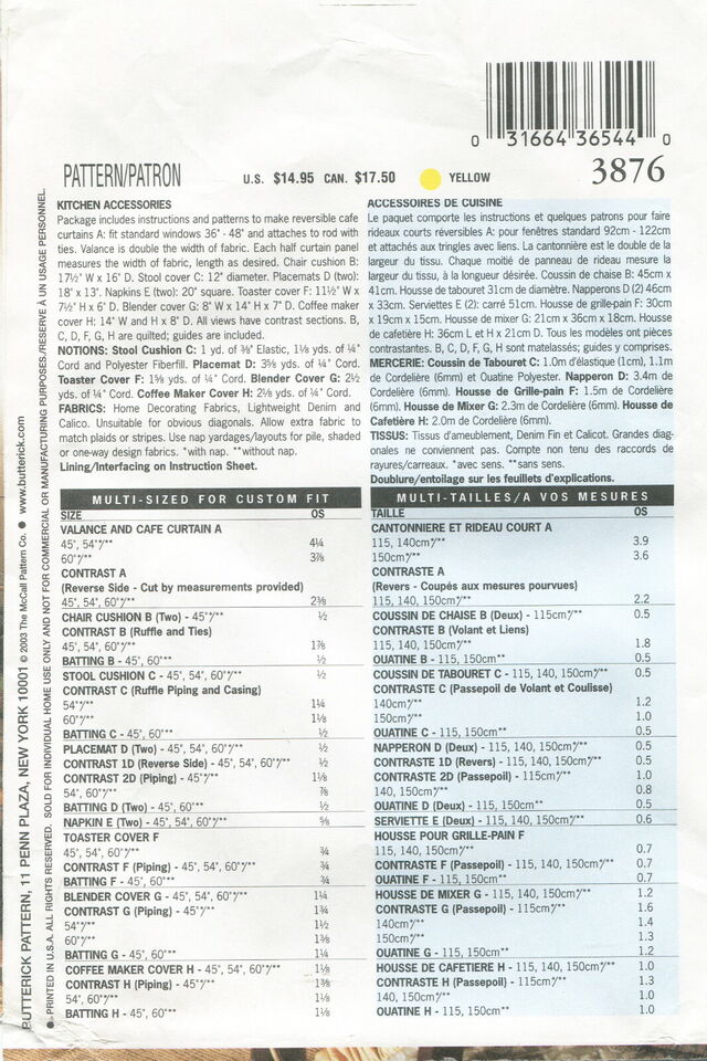 Butterick 3876 Waverly Kitchen Accessories Home Decor Sewing Pattern ...