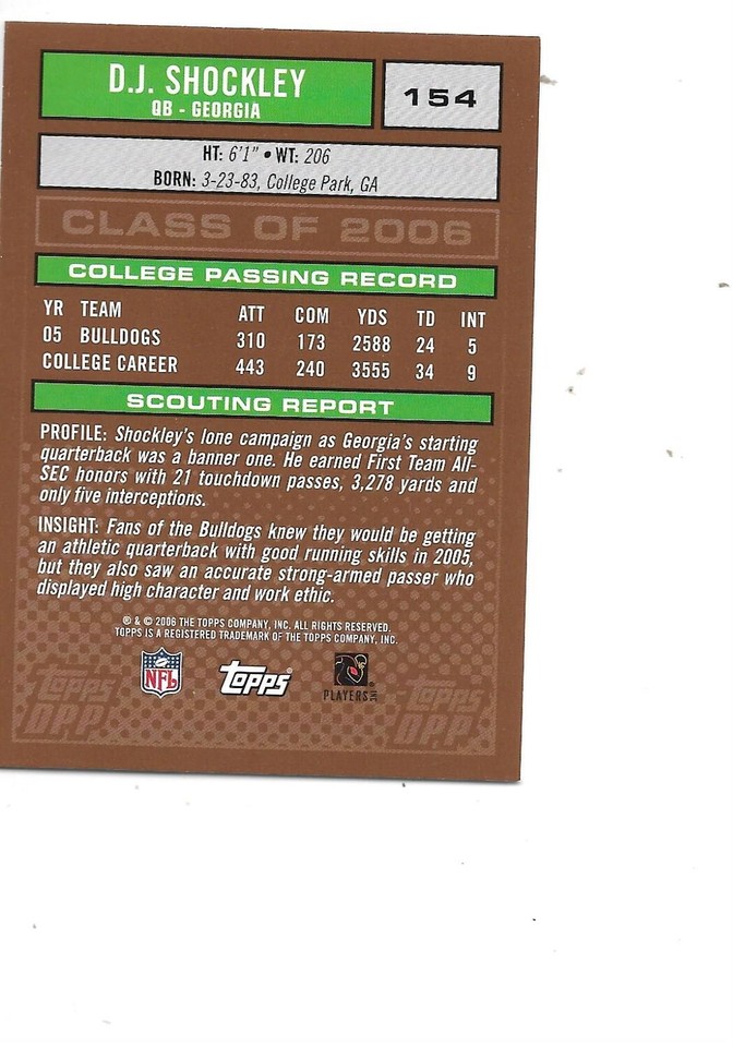 D.J. Shockley 2006 Topps DPP Football RC #154 Atlanta Falcons | eBay