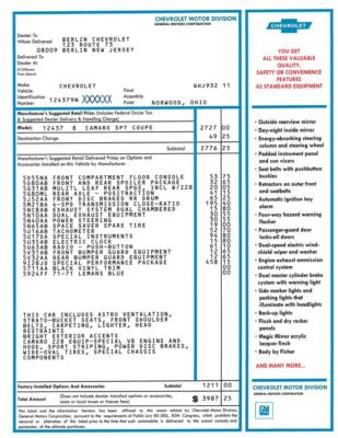 Camaro 1967-69 Custom Reproduction Dealer Manufacturer’s Retail Window ...