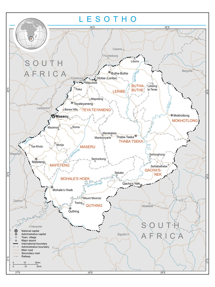 Lesotho Political Administrative Province Road Rail City Country Map ...