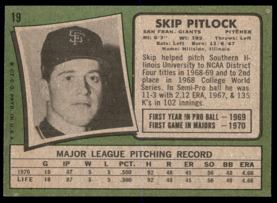 1971 Topps #19 Skip Pitlock | eBay