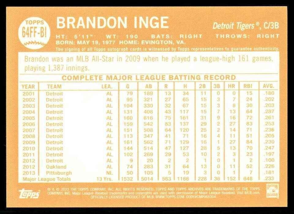 TIGERS AUTO BRANDON INGE AUTOGRAPH 1964 RETRO 2016 TOPPS ARCHIVES MI ...