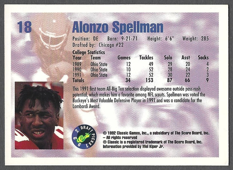 1992 Classic Draft Picks #18 Alonzo Spellman Chicago Bears | eBay