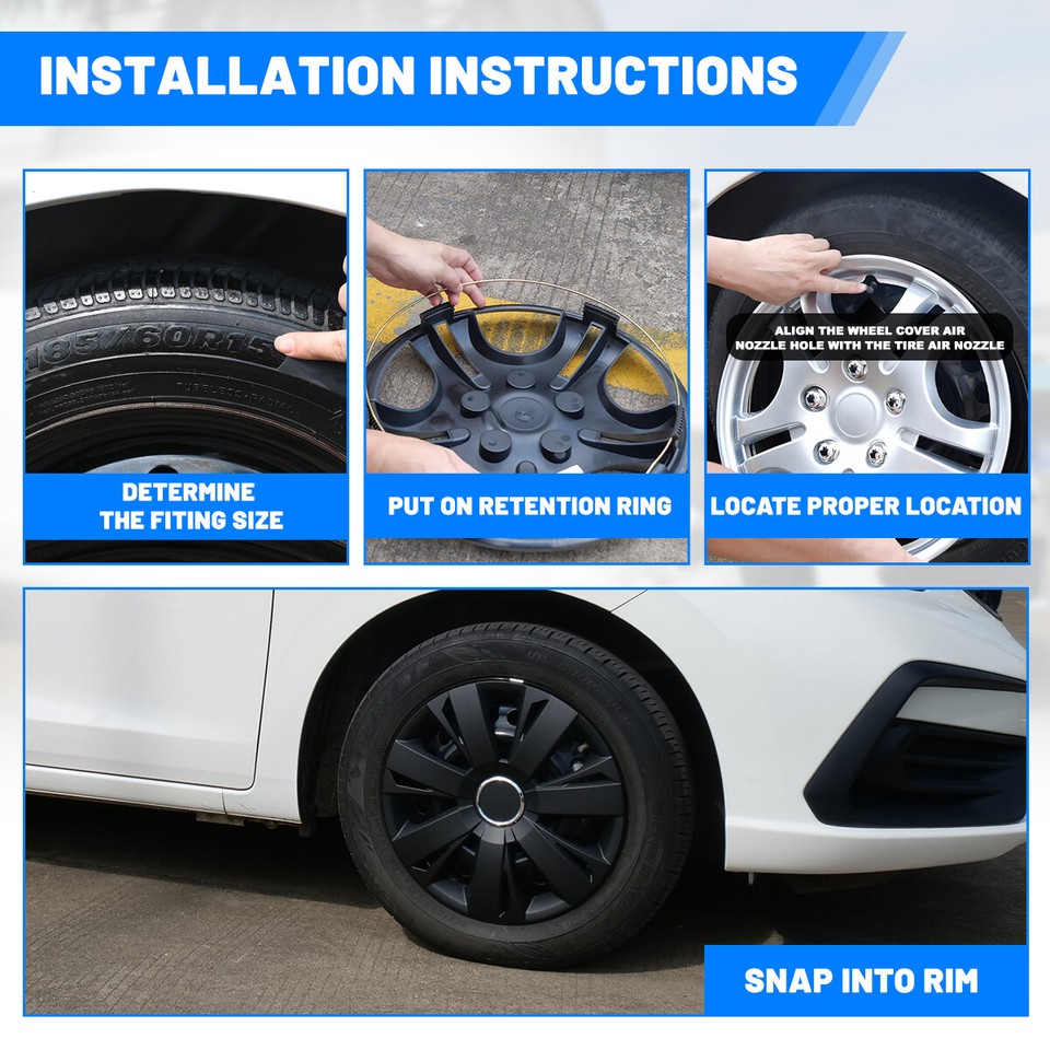 14" Black Matte Wheel Covers Snap On Full Hub Caps fit R14 Tire & Steel ...