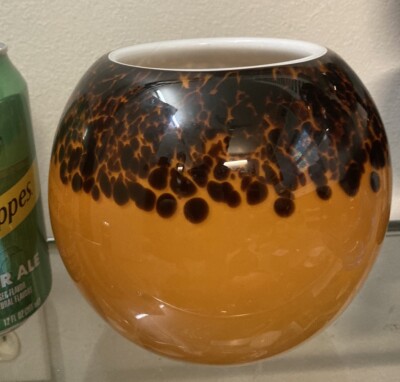 MCM ITALIAN BLOWN ART GLASS ORB BALL VASE ORANGE + BROWN INFUSED DOTS ...