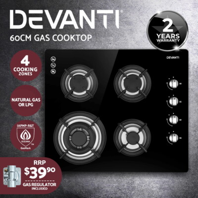 Devanti Gas Cooktop 60cm 4 Burner Glass Cook Top Cooker Stove Hob NG ...