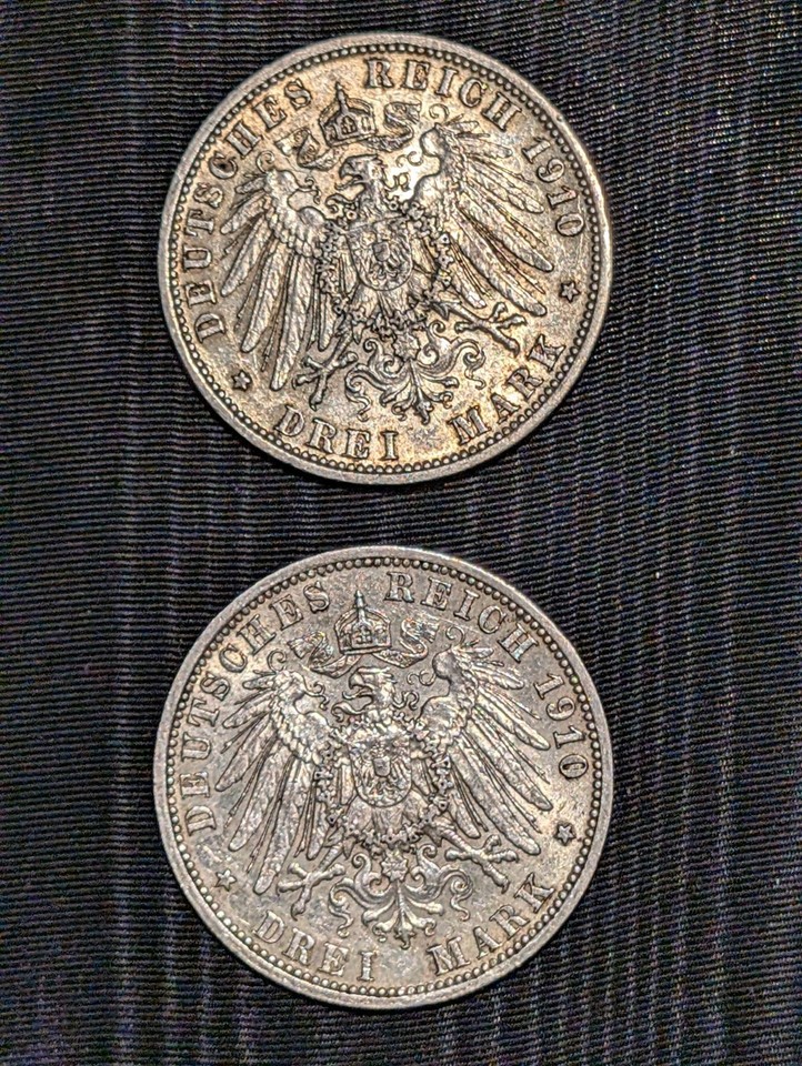 2 Silver coins 3 Mark 1910 German Empire "Wilhelm II Deutscher Kaiser ...