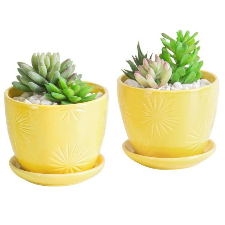 Yellow Ceramic Planter Pots, 5-Inch Round Plant Containers w/ Saucers ...