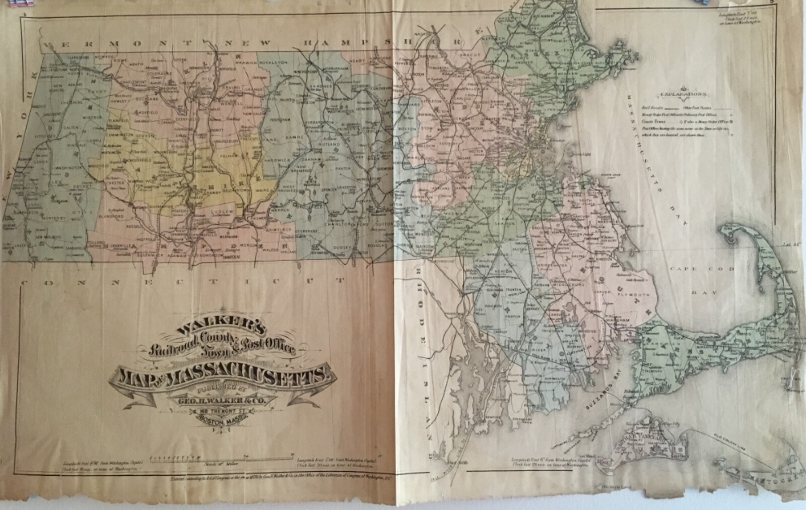 Walker’s Railroad, County, Town & Post Office Map of Massachusetts 1879 ...