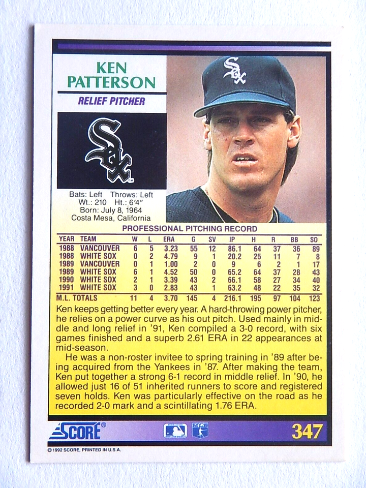 Ken Patterson #347 Score 1992 Baseball Card (Chicago White Sox) VG | eBay