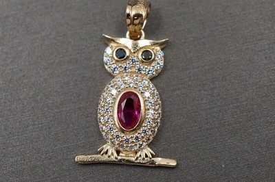 1.30 Ct Oval Simulated Pink Ruby & Diamond Owl Pendant 14K Yellow Gold ...