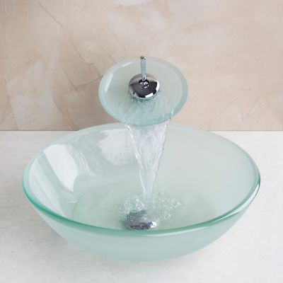 Round Scrub Tempered Glass Bathroom Vessel Sink Basin Bowl With Chrome ...