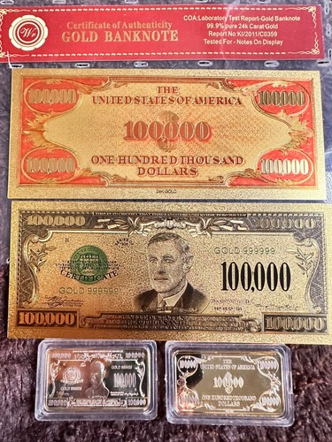 Set of 2 $100,000 24K CoA Gold Banknote Bill & 1 Troy OZ Bar 999 Gold ...