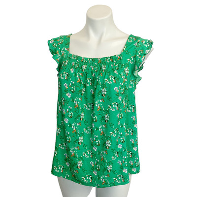 Melloday | Women's Green Floral Print Ruffle Short Sleeve Top | Size: S ...