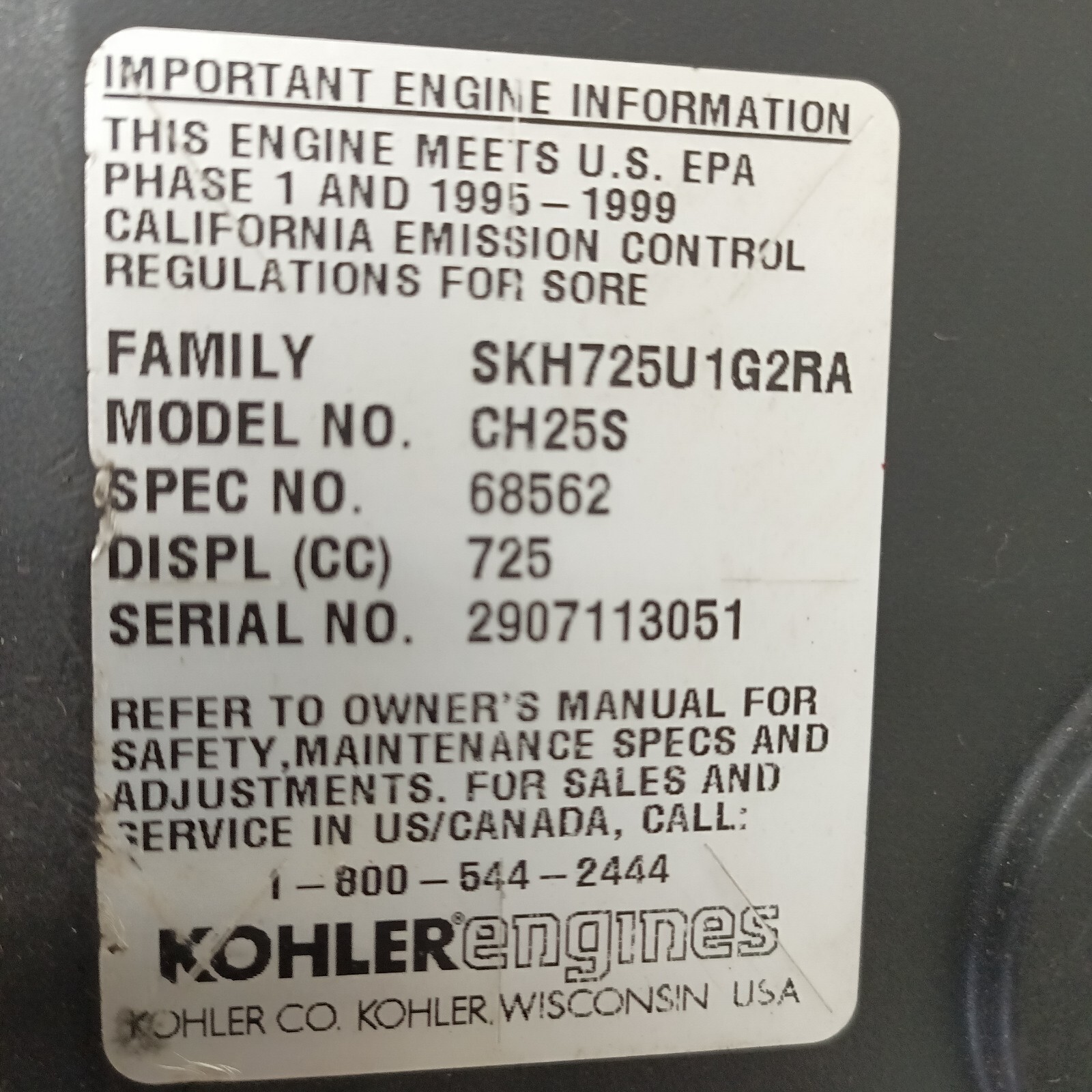 Kohler Command CH25 Twin-Cylinder Air Cooled Horizontal Engine w/1449 ...