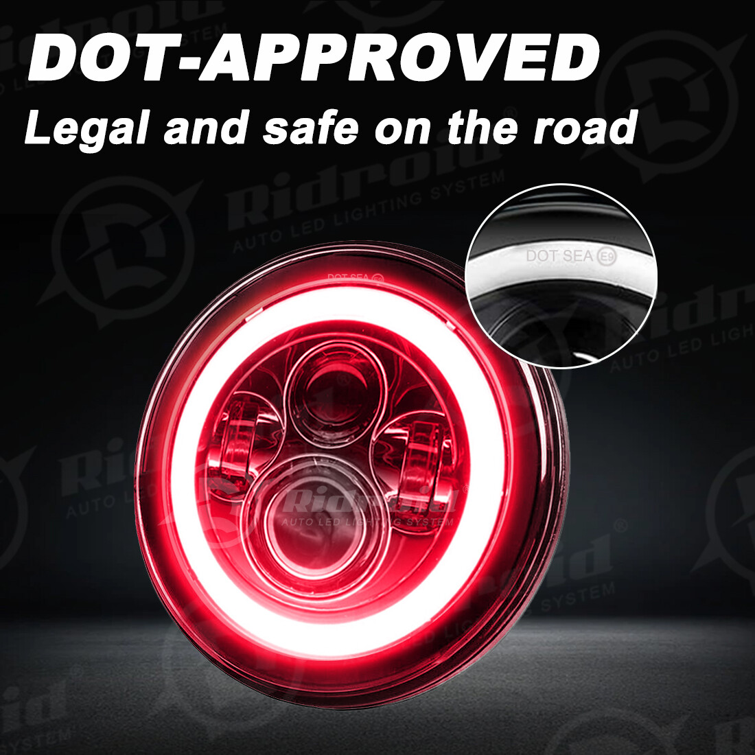 RED 7"LED Round Headlights Halo Ring+8x LED Rock Light Pods Underbody ...
