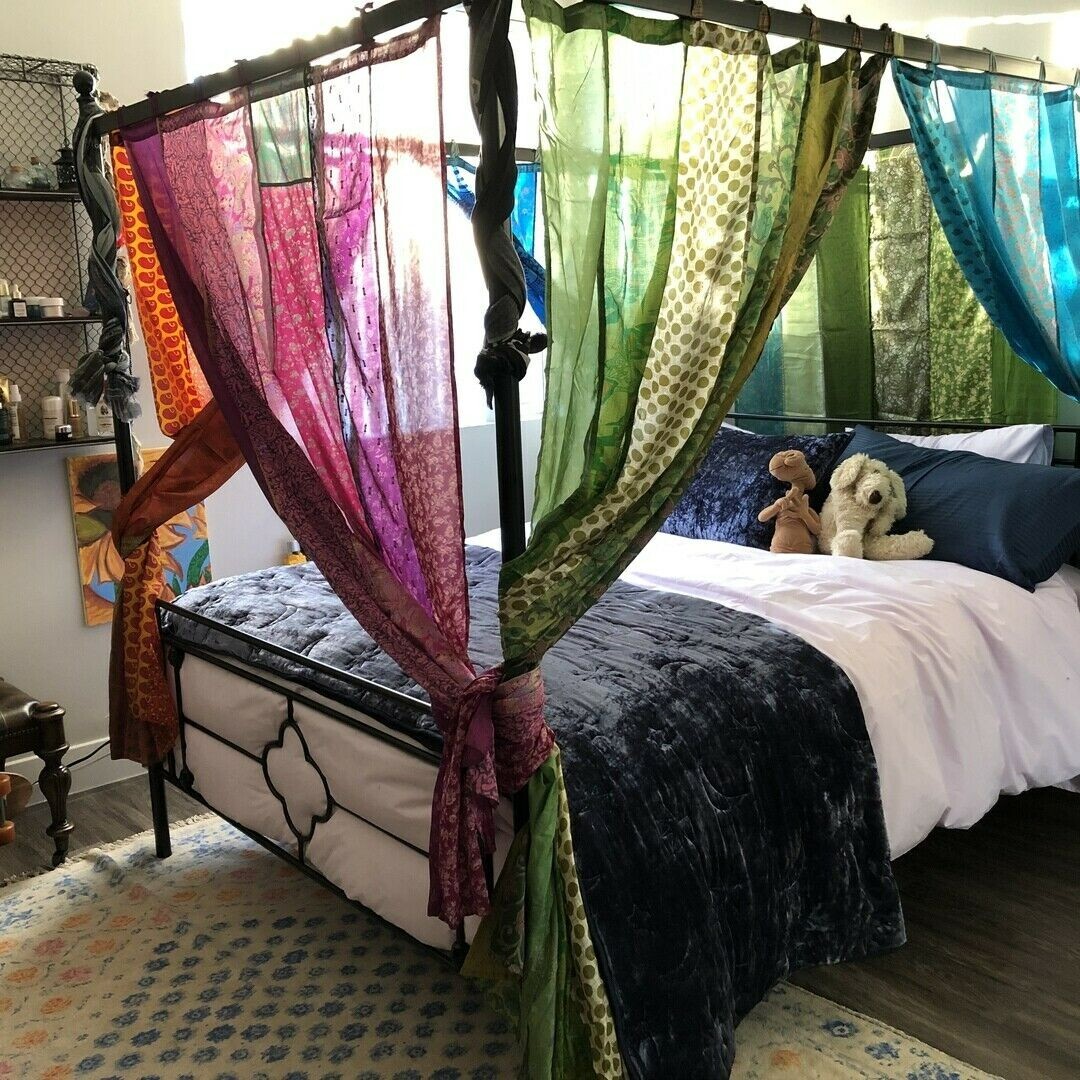 Indian Vintage Old SILK Sari Patchwork Curtain Drape Window Decor Silk ...