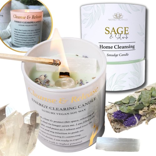 Sage Candles w/Crystals | Eucalyptus, Selenite, Quartz | Positive ...