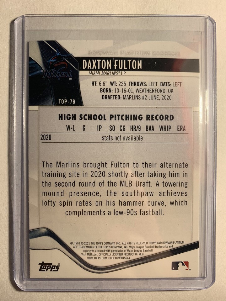 2021 Bowman Platinum Daxton Fulton Ice Foil RC Prospect Miami Marlins # ...