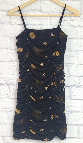 Forever 21 Ruched Mini Dress Women's Large Black Gold Celestial ...