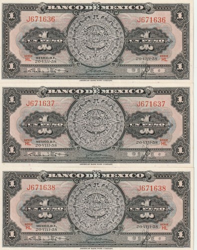 Mexico: $ 1 Peso Azteca 20 VIII 58 Consecutives Series UNC. | eBay