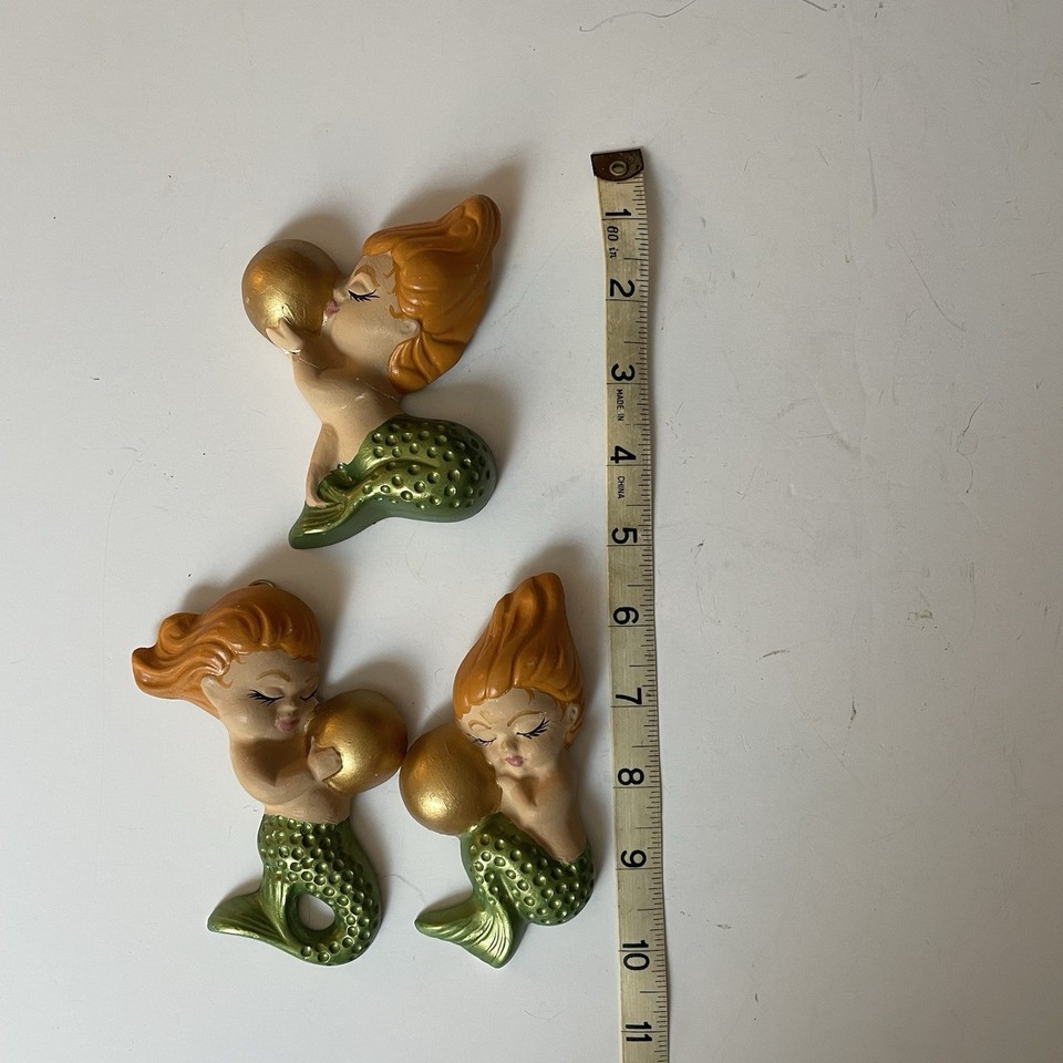 Set Of 3 1960s Chalkware Mermaid Merbabys Red Hair Green Tails Kitchsy ...