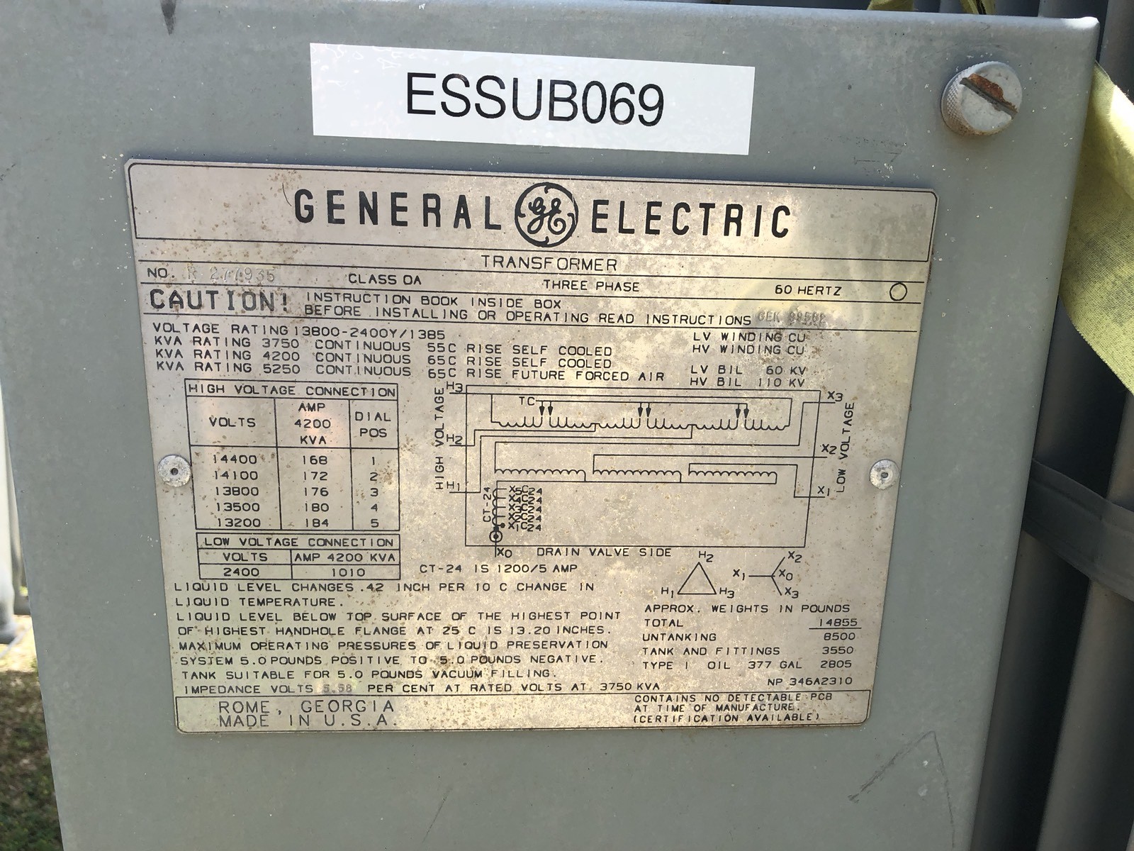 GE Substation Transformer 3750 Kva Primary 13800 Sec 2400/1385 Volt ...