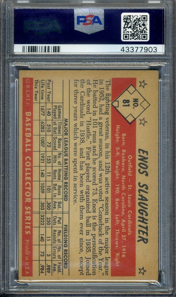1953 Bowman Color #81 Enos Slaughter PSA 6 EX-MT *St. Louis Cardinals ...