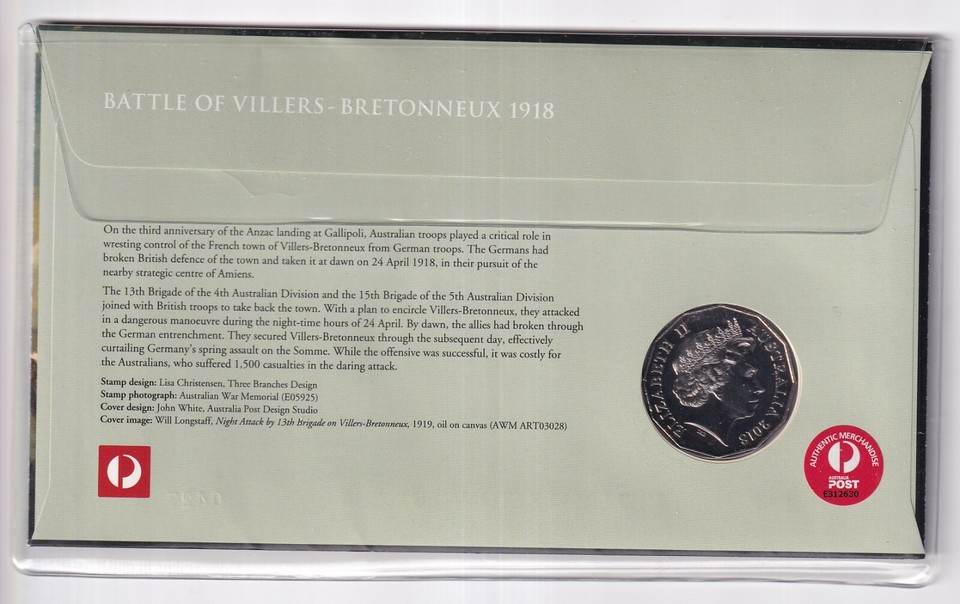 AUSTRALIAN PNC: 2018 50 CENT BATTLE OF VILLERS - BRETONNEUX 1918 427/ ...