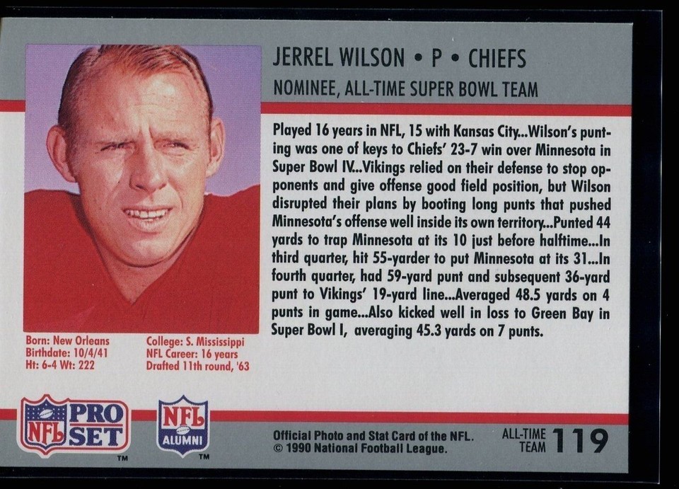 1990 Pro Set Super Bowl Supermen Jerrel Wilson #119 Kansas City Chiefs ...