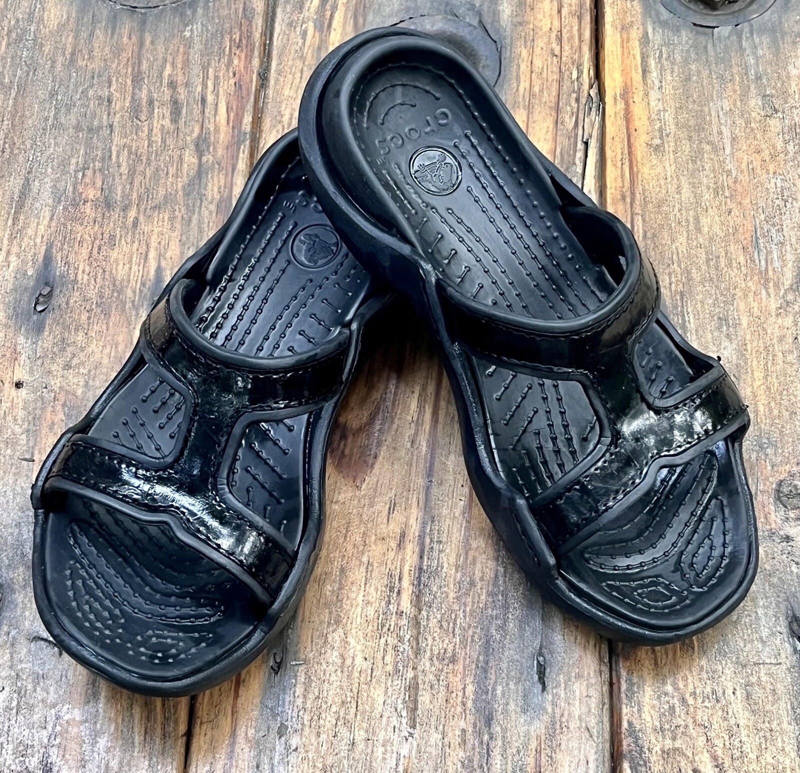 CROCS Women’s Black Patent Leather Open Toe & Back Sa… - Gem