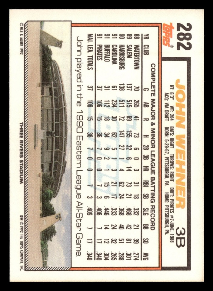 John Wehner 1992 Topps #282 Pittsburgh Pirates BASEBALL *105 | eBay
