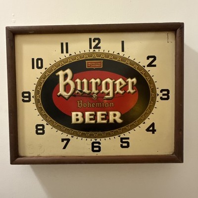 VTG BOHEMIAN BURGER BEER CLOCK METAL / WOOD SIGN WORKS CINCINNATI OHIO ...