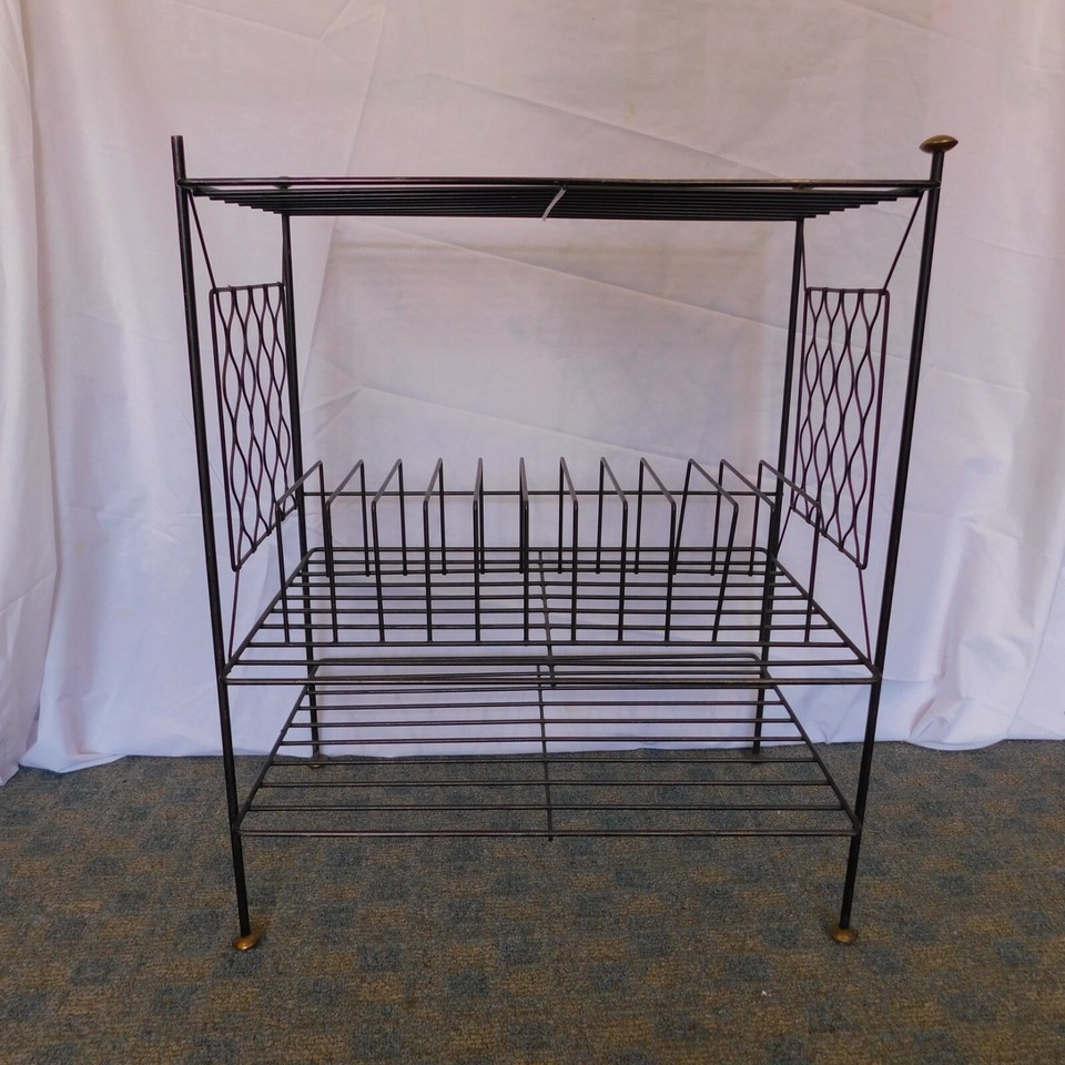 VTG MCM Mid Century Modern Black Metal Wire Magazine Record Rack Table ...