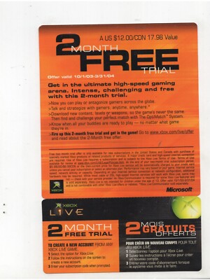 Original Xbox Live 2 Monthes Feee Trial UNSCRATCHED INSERT ONLY ...