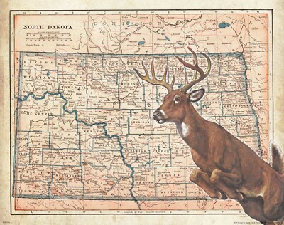 Whitetail Deer Hunting North Dakota State Map Art Print Resort Cabin ...