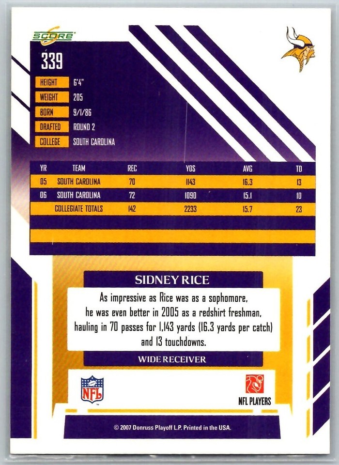 2007 SCORE SIDNEY RICE RC MINNESOTA VIKINGS #339 | eBay