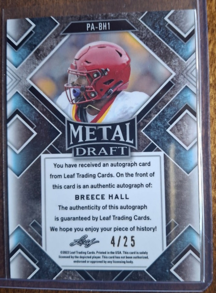 2022 4/25 Leaf Metal Draft Breece Hall Rookie Auto PURPLE Wave RC Sharp ...