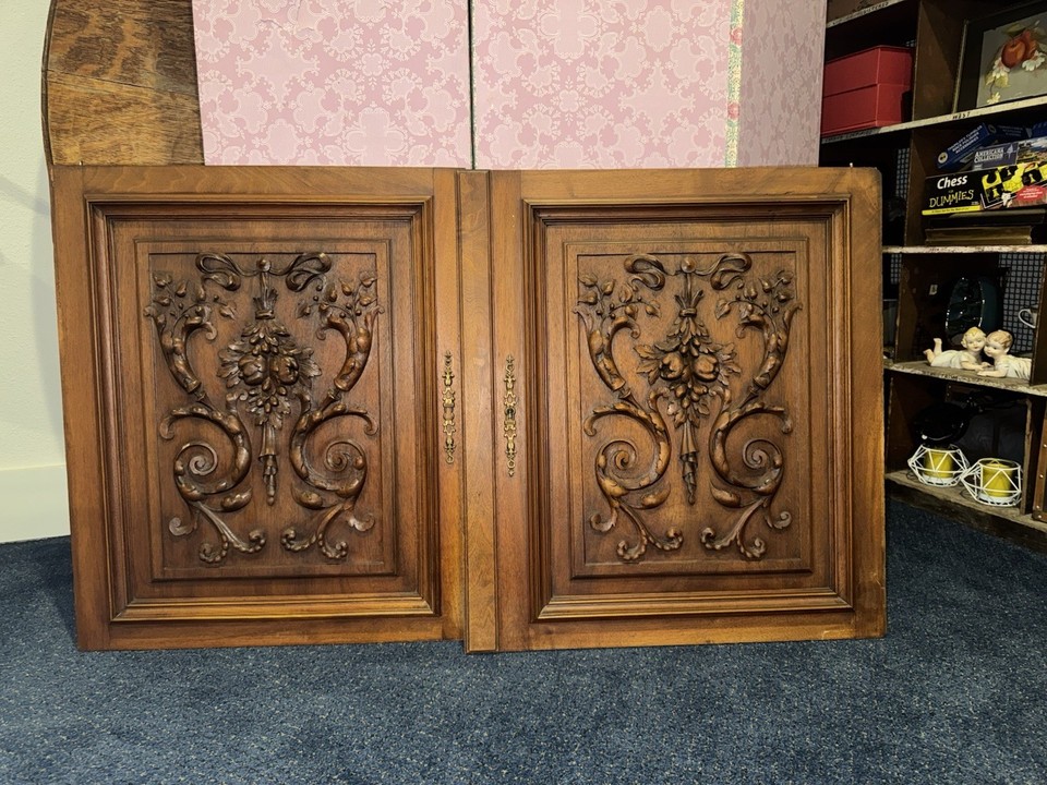 Pair Antique French Solid Walnut Wood Highly Carved Panels Fruit & Bow ...
