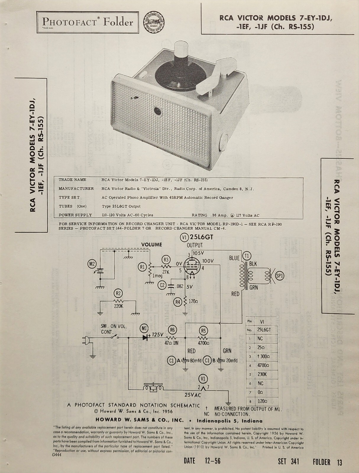 SAMS PHOTOFACT SERVICE MANUAL 341-13 RCA VICTOR RECORD PLAYER 7-EY-1DJ ...