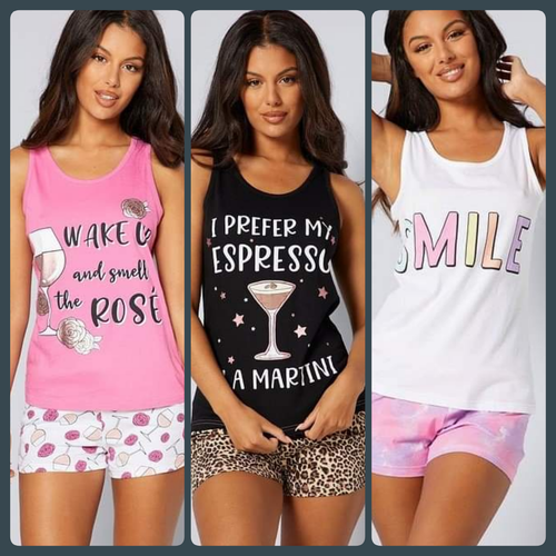 Ladies Shortie Pyjamas Sets Shorts & Vest Top 100% Cotton 5 Slogans New ...