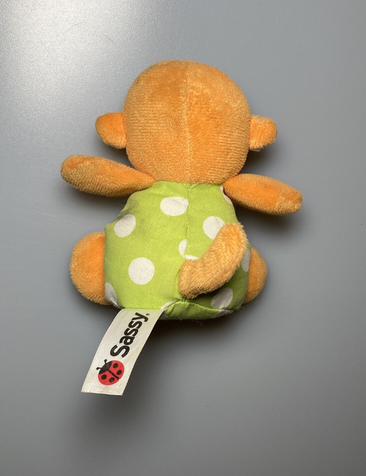 4” Sassy Monkey Plush Rattle Stuffed Soft Toy Lovey Orange Yellow Polka ...
