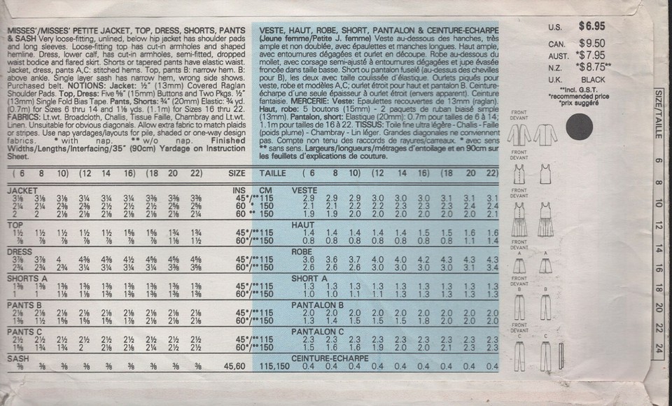 Butterick Pattern 4125 ©1989 Misses/Petite Casual Wardrobe Size 6-8-10 ...