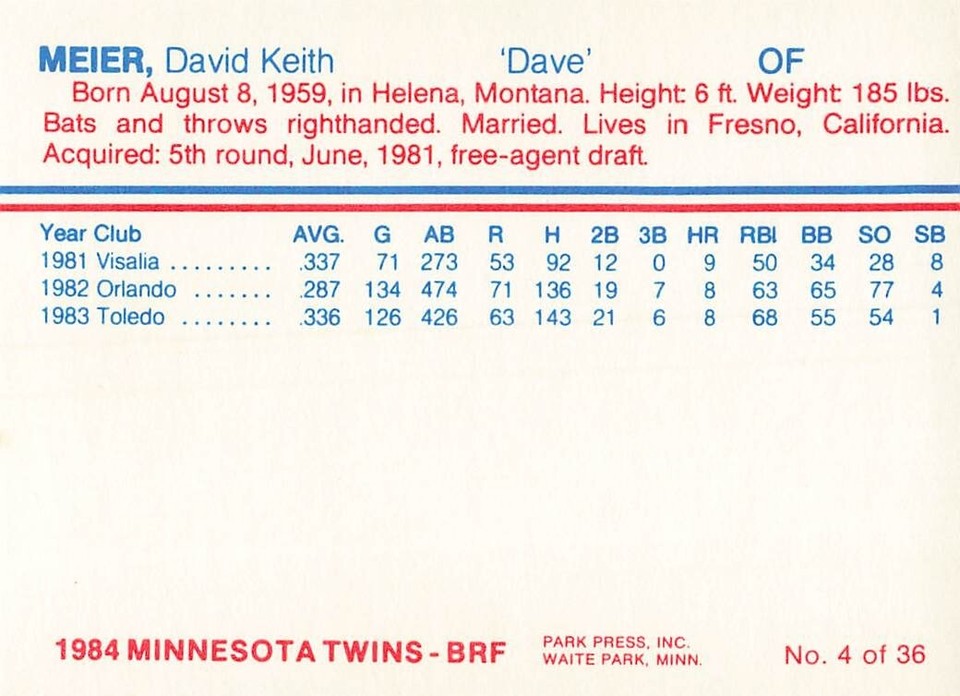 DAVID MEIER 1984 MINNESOTA TWINS #4 TEAM ISSUE | eBay