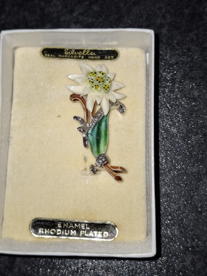 Sivella Real Marcasite Hand-Set Enamel Rhodium Plated Edelweiss Flower ...