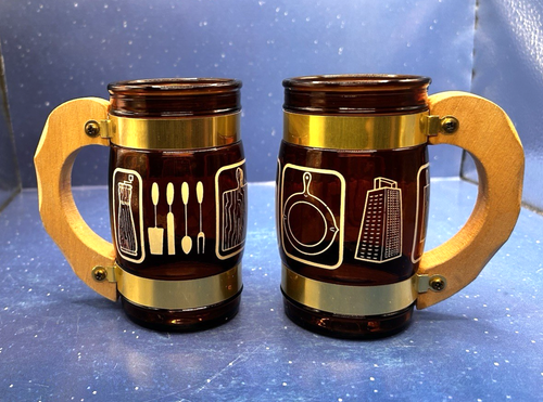 Vtg Brown Glass Kitchenware Utensils Pans Wood Handle Barrel Mug Cup 4. ...