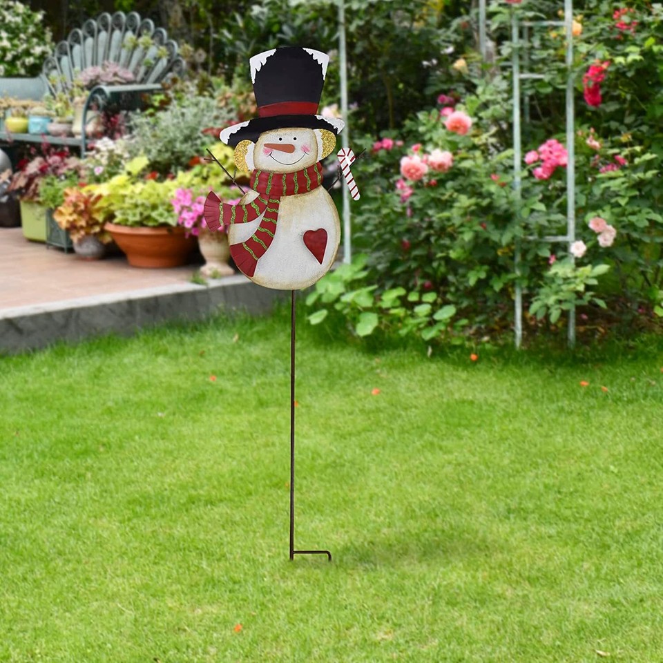 Christmas Snowman Garden Stake Decor Snowman Candy Cane Outdoor Metal ...