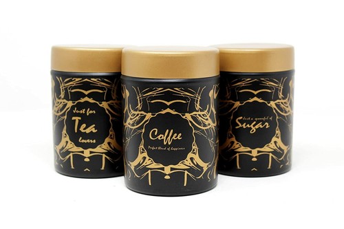 Edelstahl Bedruckt Runde Form Tee Kaffee Zucker Kanister (Gold Schwarz ...