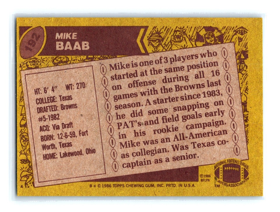 1986 Topps Football #192 Mike Baab RC Rookie Cleveland Browns | eBay